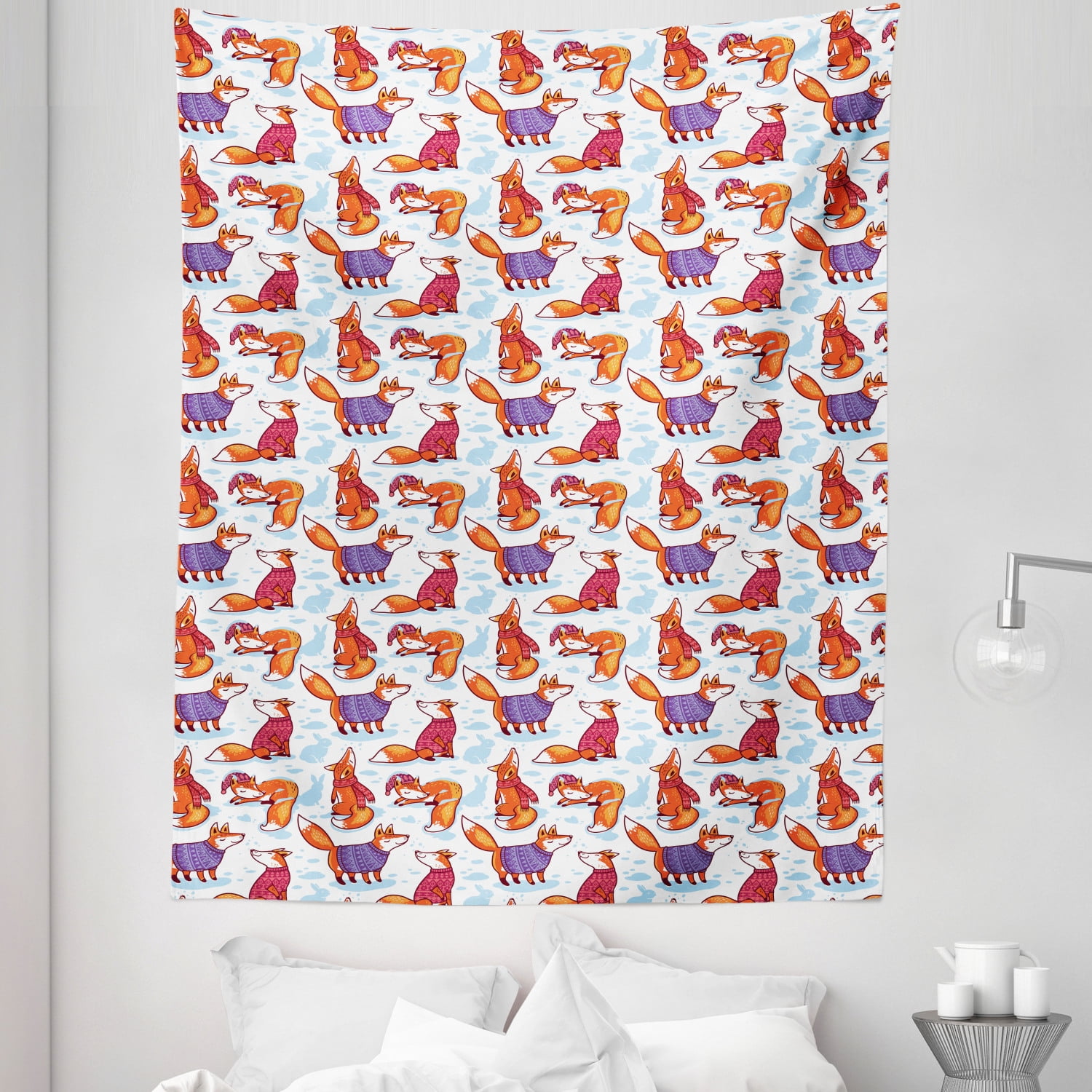 Fox Tapestry, Snow Foxes with Winter Sweaters and Scarf Cartoon Vulpe ...