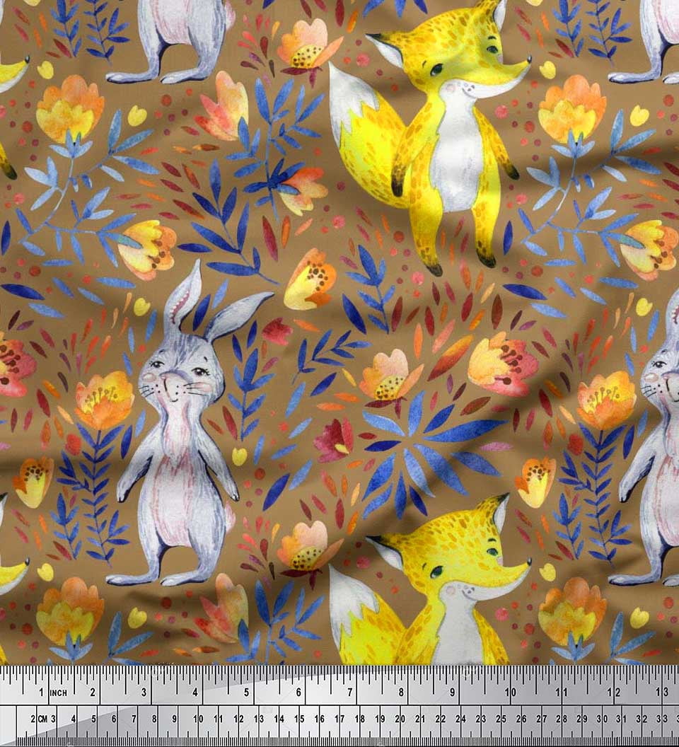 Soimoi Velvet Fabric Fox & Bunny Kids Print Fabric by Yard 58 Inch Wide ...