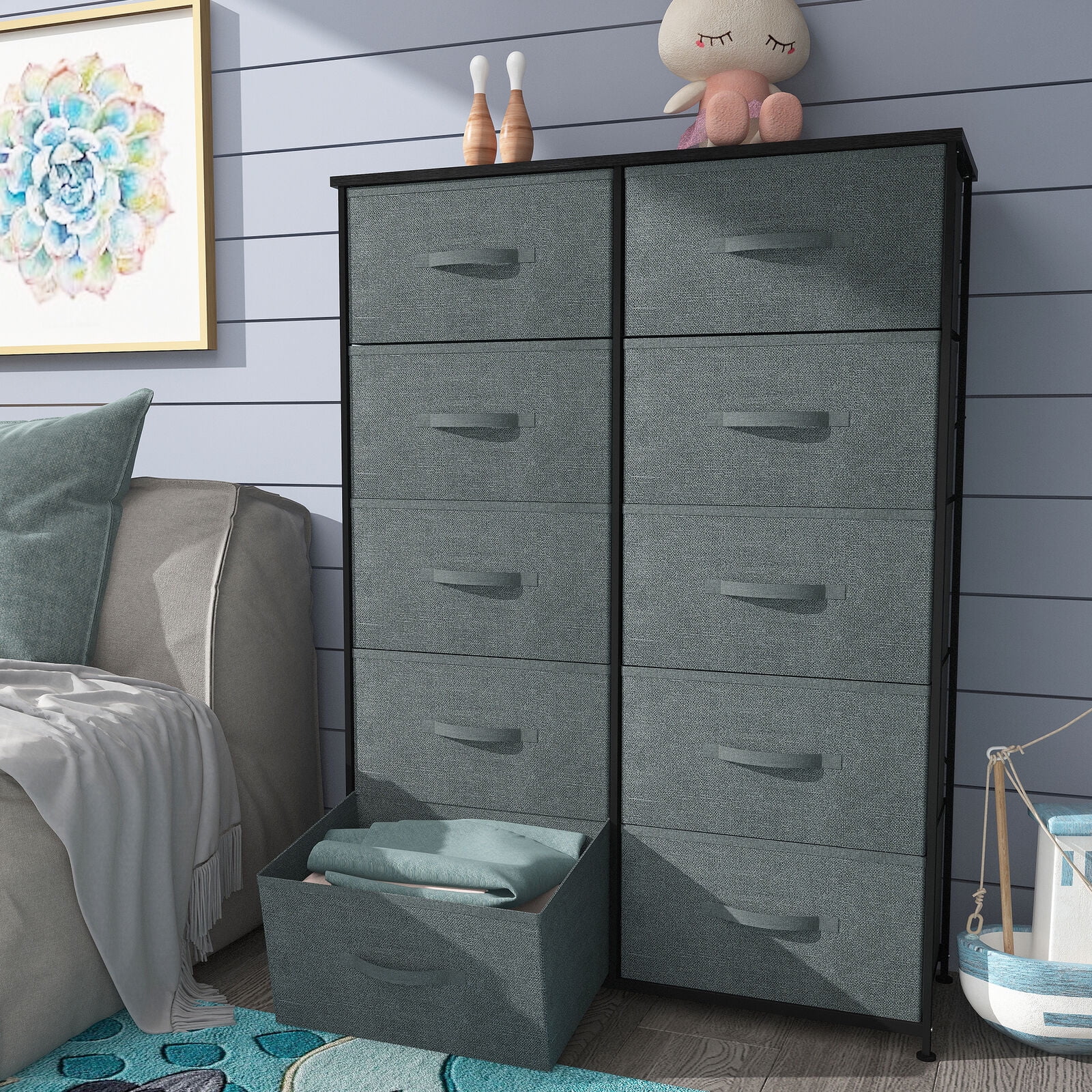 DWVO 10 Drawer Dresser Chest of Storage Tall Fabric Storage Cabinet Bin ...