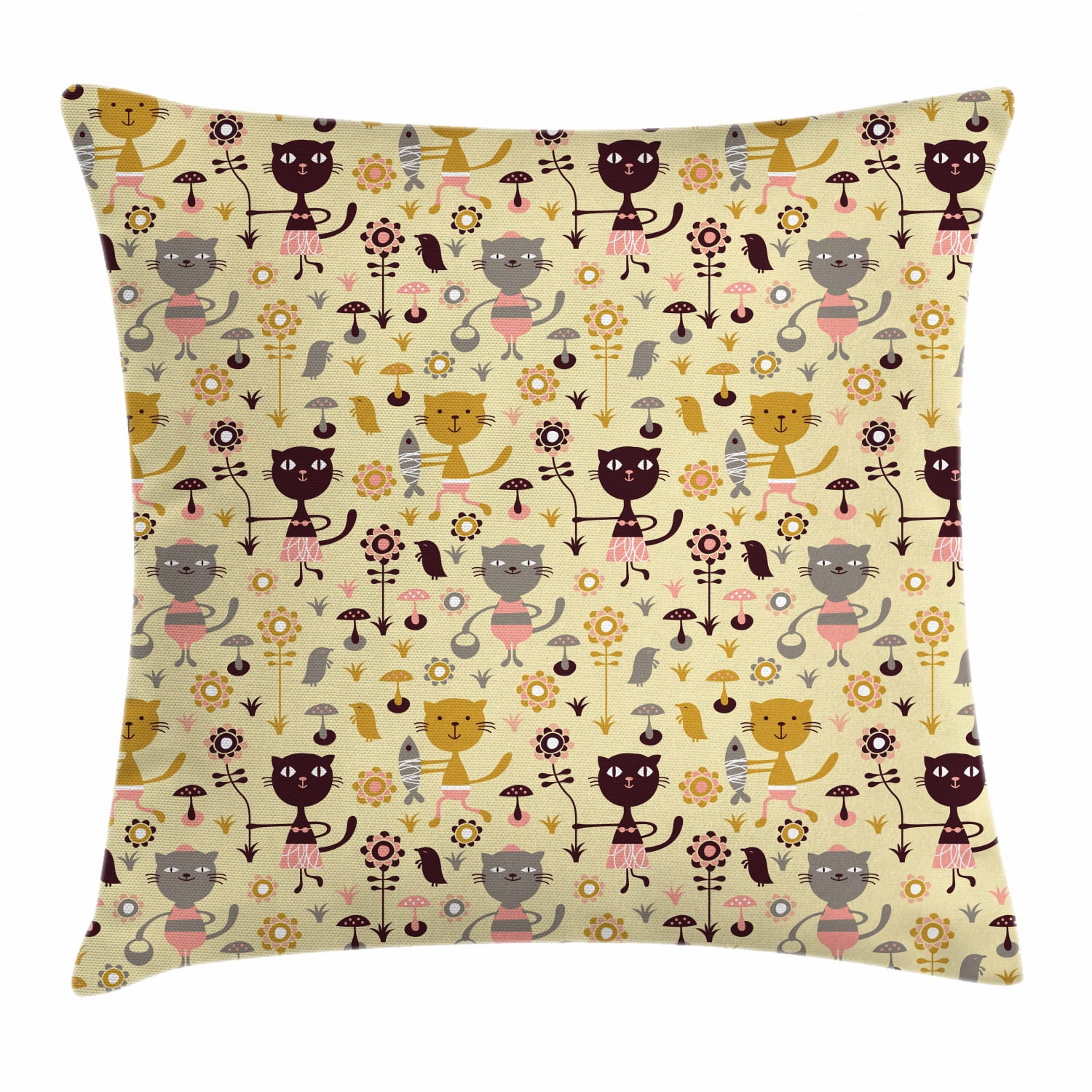 Cat Throw Pillow Cushion Cover, Feline Animals Holding Fish and Flowers ...