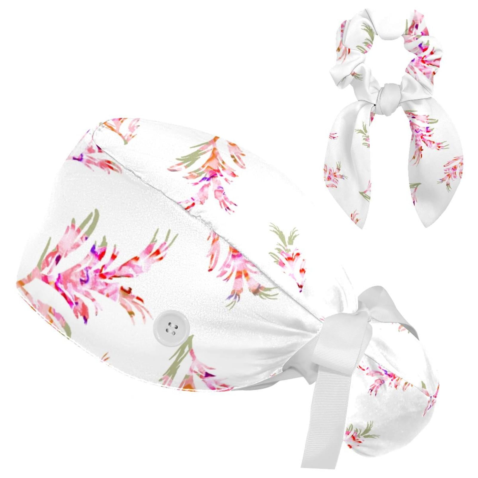 Working Cap with Buttons and Sweatband Scrub Hat Bouffant Caps with Scrunchie Retro Flowers ...