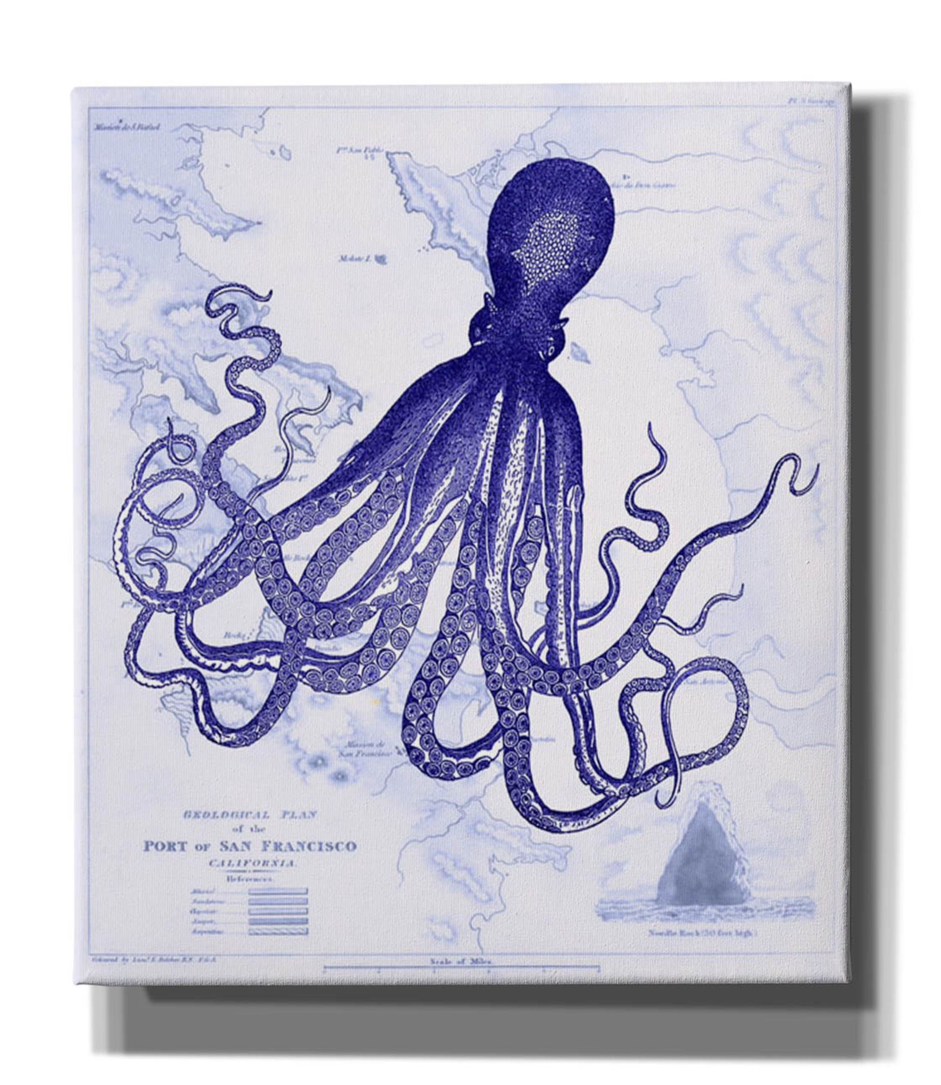 Epic Graffiti 'Blue Octopus 1 on Nautical Map,' by Fab Funky, Canvas ...