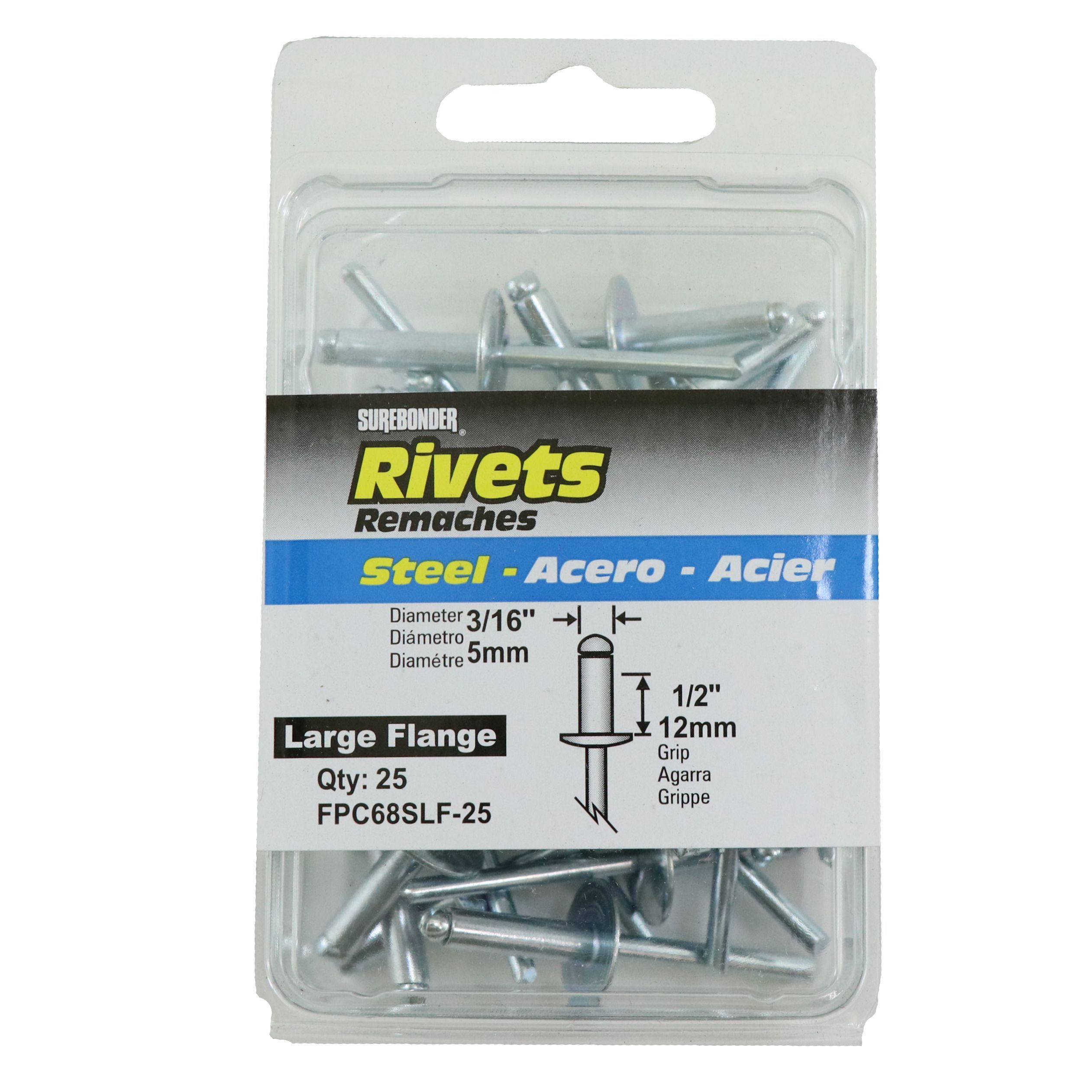 FPC68SLF-25 Large Flange Short Steel Rivets - 3/16" Diameter, 1/2" Grip ...
