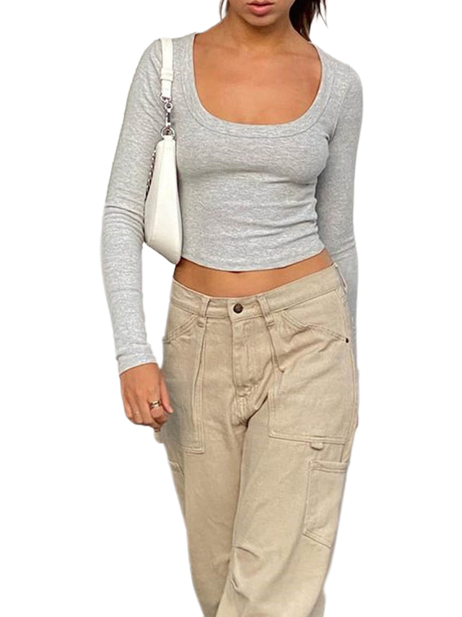 Y2k Skinny Long Sleeve Backless Crop Tops Square Neck Bodycon Shirts ...