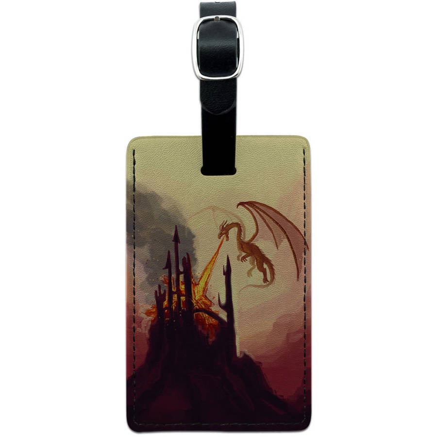 Dragon Flying Fire Breathing Castle Fantasy Leather Luggage ID Tag ...