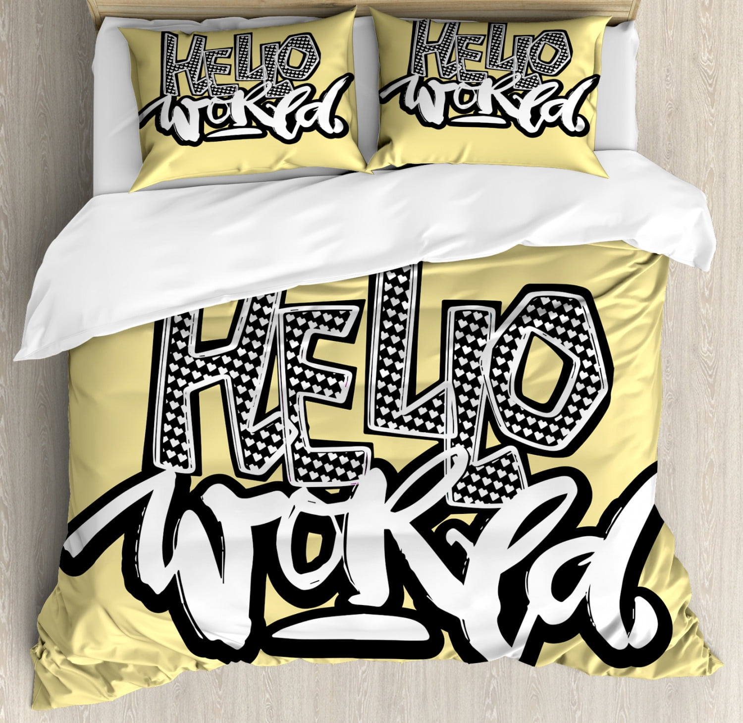 Hello World Duvet Cover Set Queen Size, Graffiti Looking Text and Tiny ...