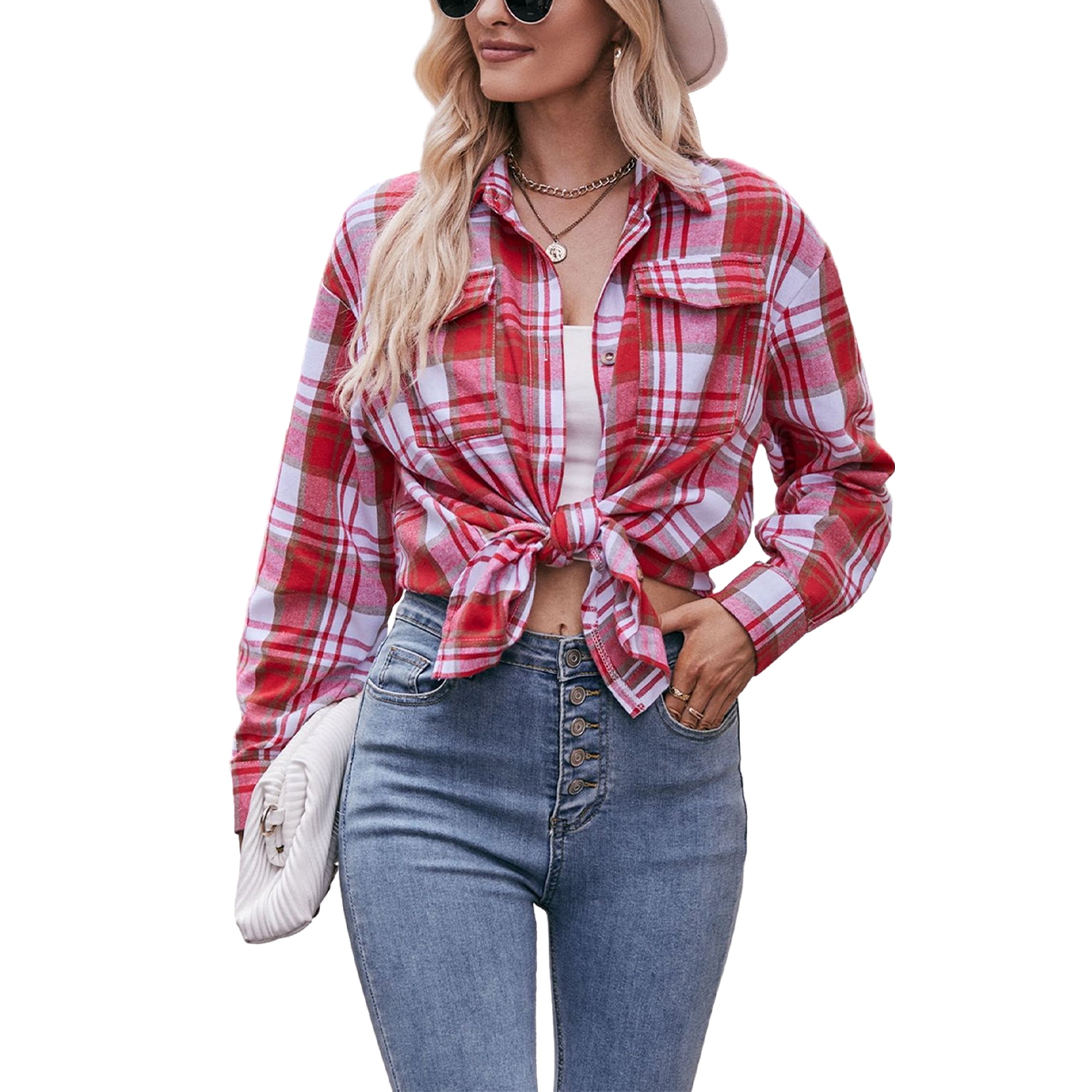 Click here for Wifornt Women Fashion Shirts Plaid Turn-Down Colla... prices