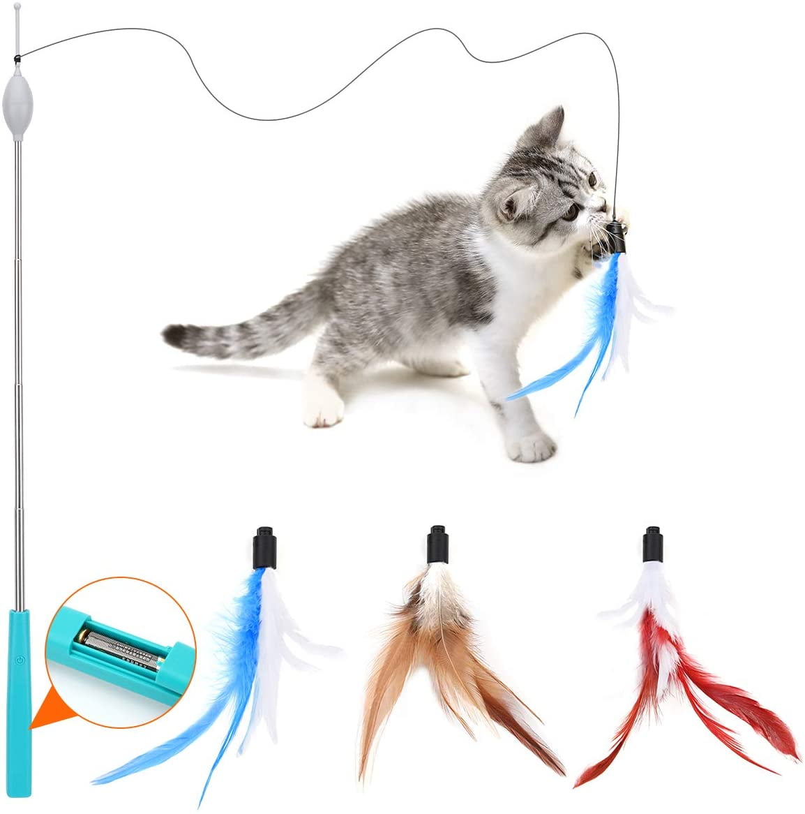 Electric Cat Feather Teaser Wand Toy, Adjustable Feather Cat Toy Wand ...