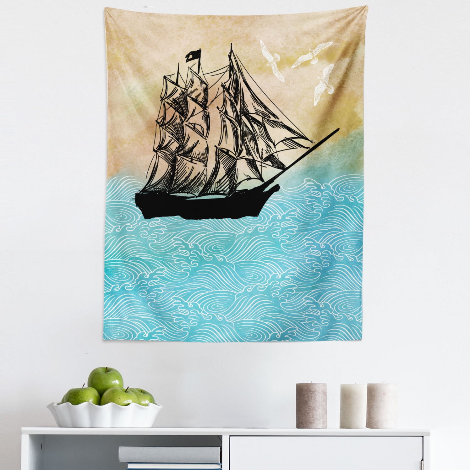 Nautical Tapestry, Vintage Sketch of a Big Ship on Abstract Wavy Sea ...