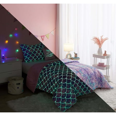 Your Zone Mermaid 5 Piece Glow In the Dark Comforter Set with Bonus ...