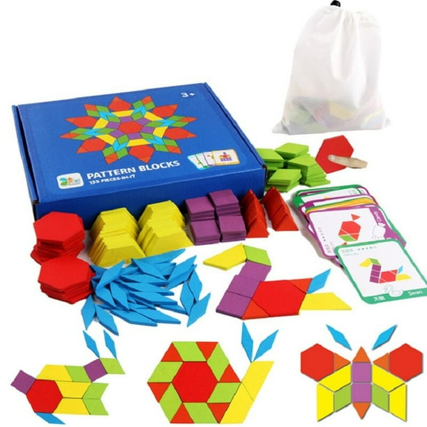 155 Pcs Wooden Pattern Blocks Set Geometric Shape Puzzle Kindergarten Classic Educational ...