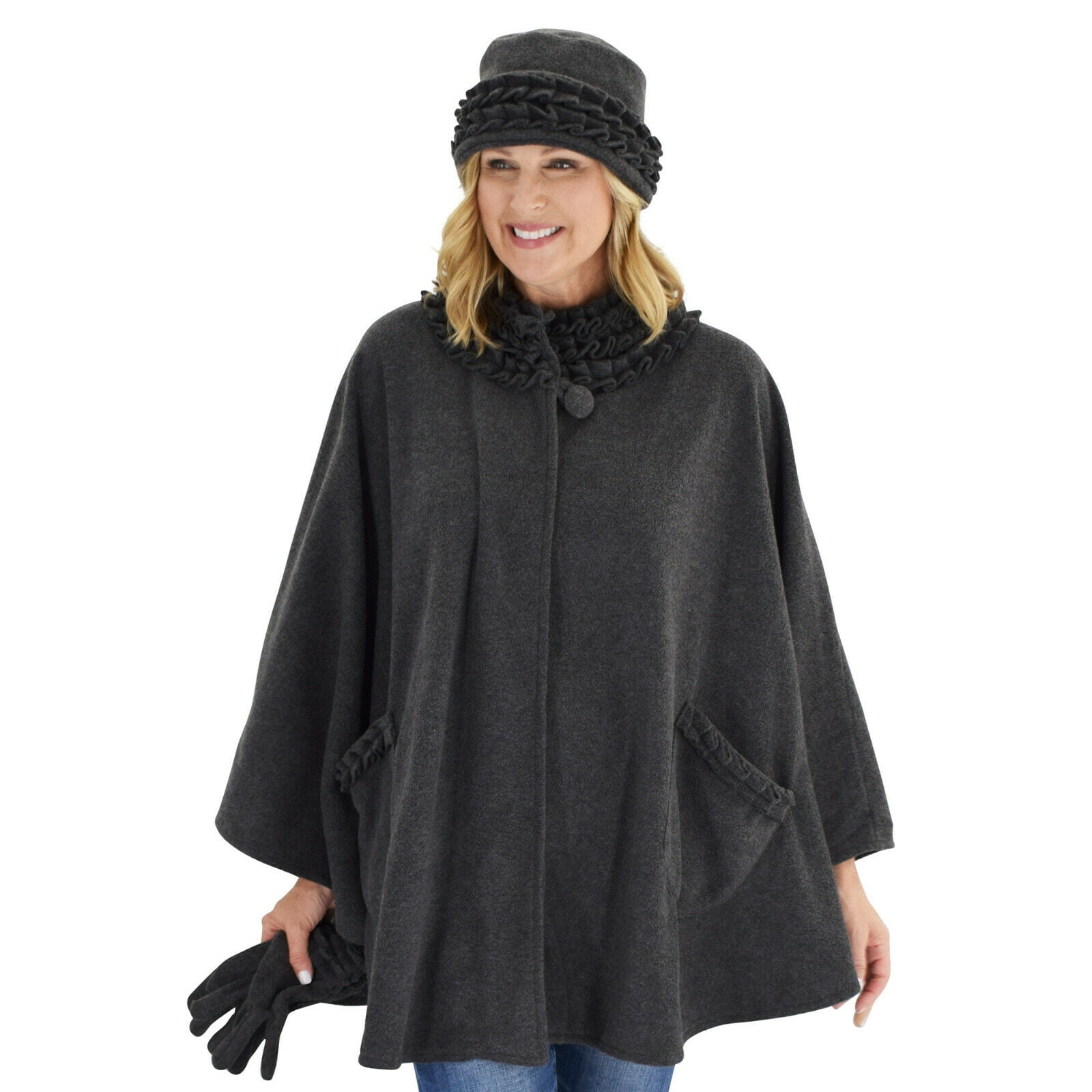 Le Moda Women's Sherpa Trim Polar Fleece Wrap with Matching Gloves and ...