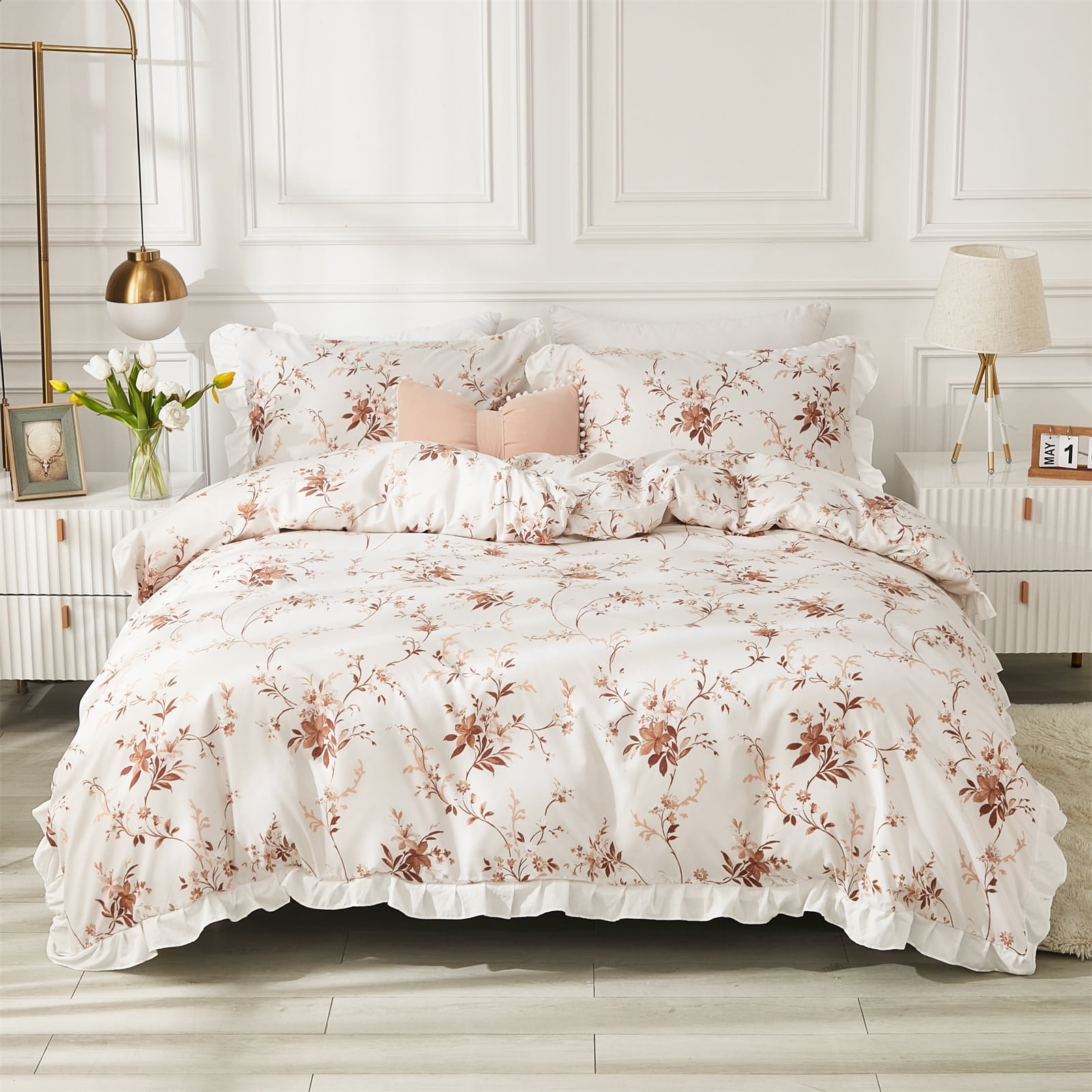 Move Over Botanical Ruffle Bedding Sets King White Floral Duvet Cover ...