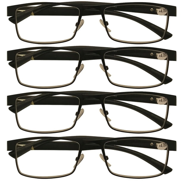 4 Packs Mens Rectangle Metal Frame Reading Glasses Black Spring Hinge ...