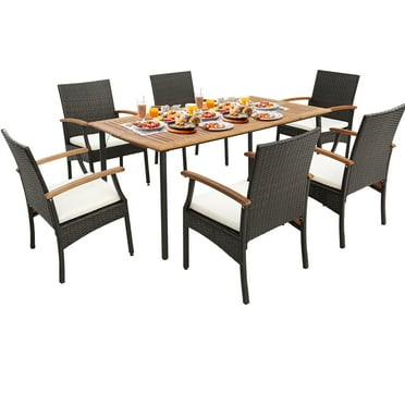 Costway 7 PCS Patio Rattan Dining Set Acacia Wood Table 6 Wicker Chairs ...