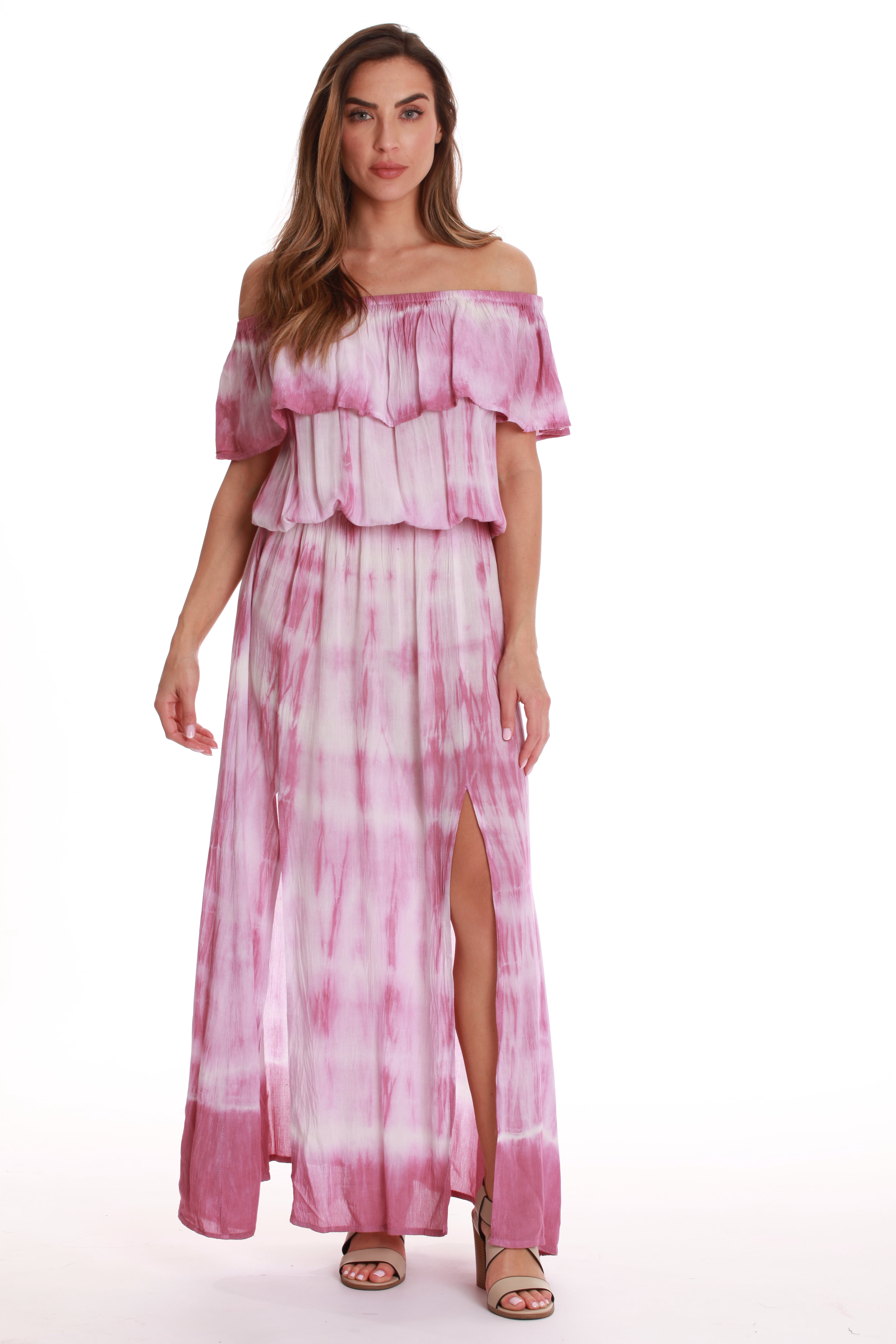 Riviera Sun Tie Dye Off Shoulder Maxi Sundress (Large, Mauve) - Walmart.com