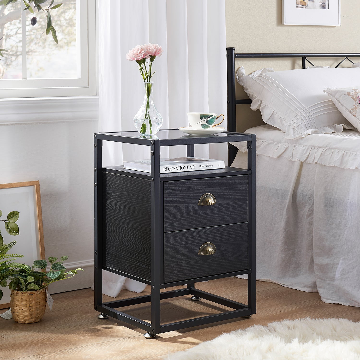VECELO Tempered Glass Top Nightstand with 2-Drawer, Modern Side End ...