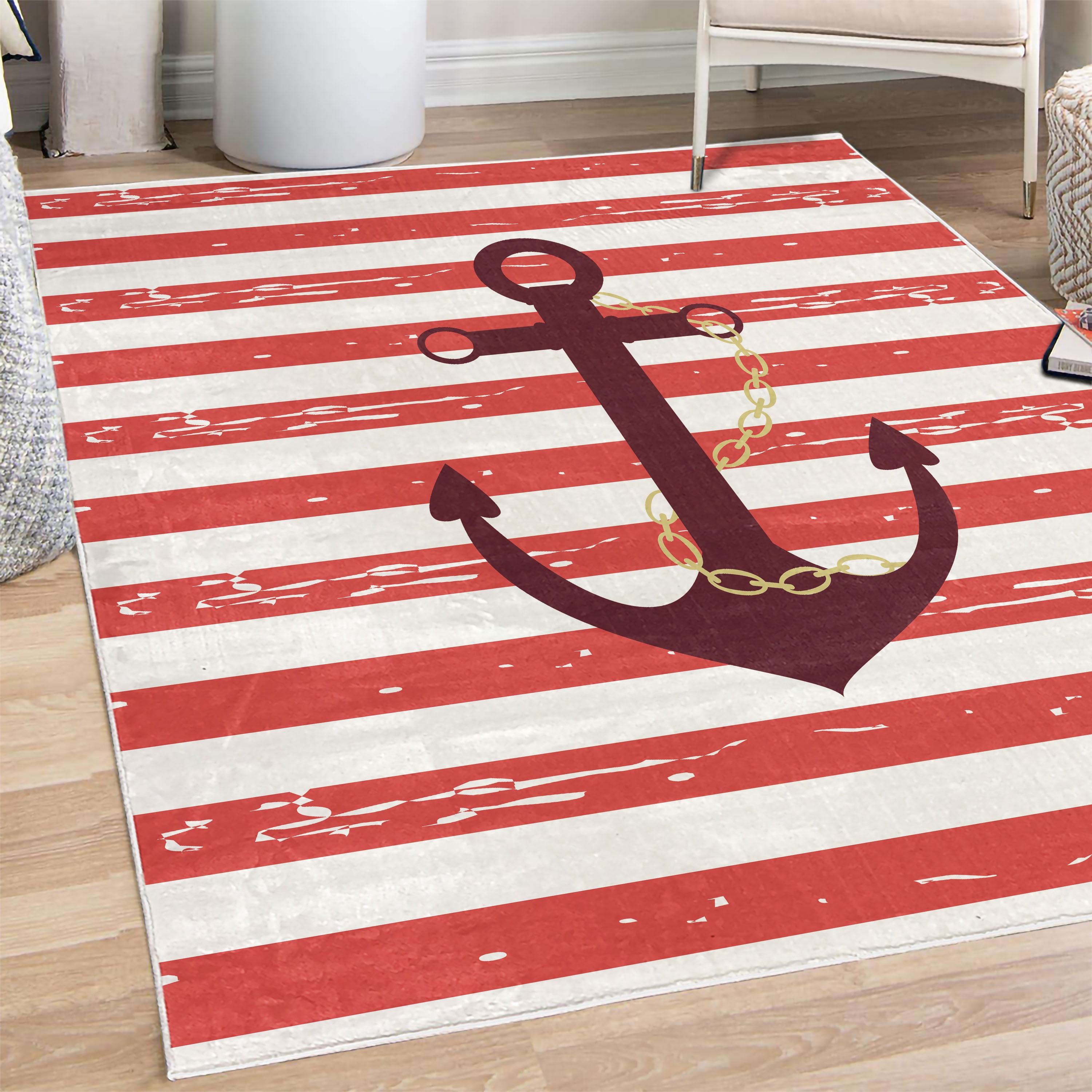 Striped Decorative Rug, Ship Anchor Chain Marine Life Inspired Lines ...