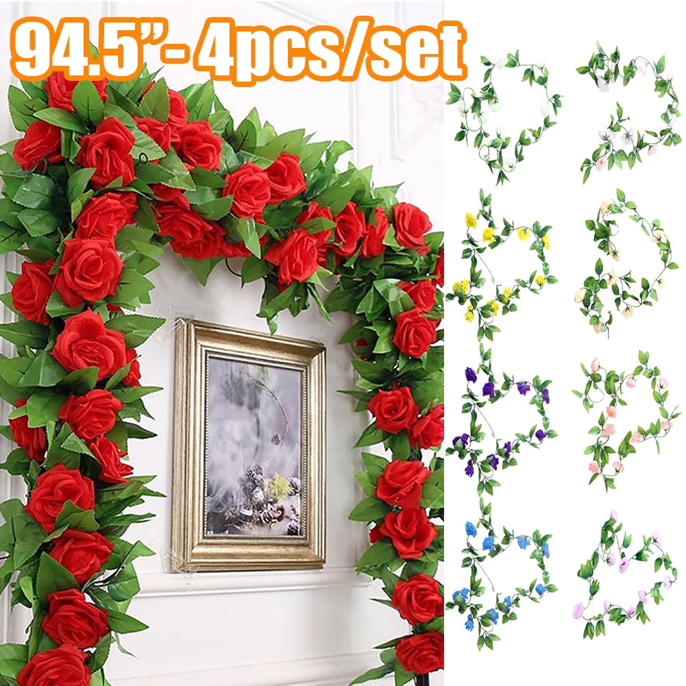 Cheers.US 4Pcs/Set Fake Rose Garland, Artificial Silk Flower Vines ...