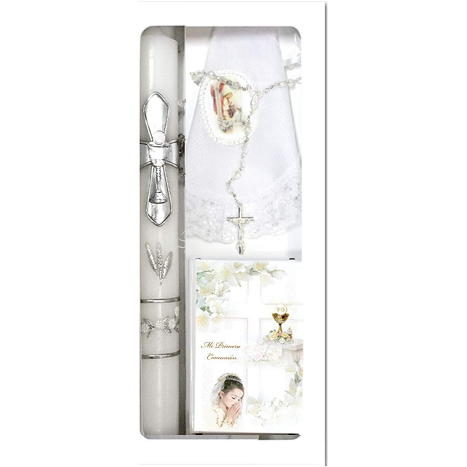 Lito First Communion Candle Set for Girls - White Silver Cross Candle ...
