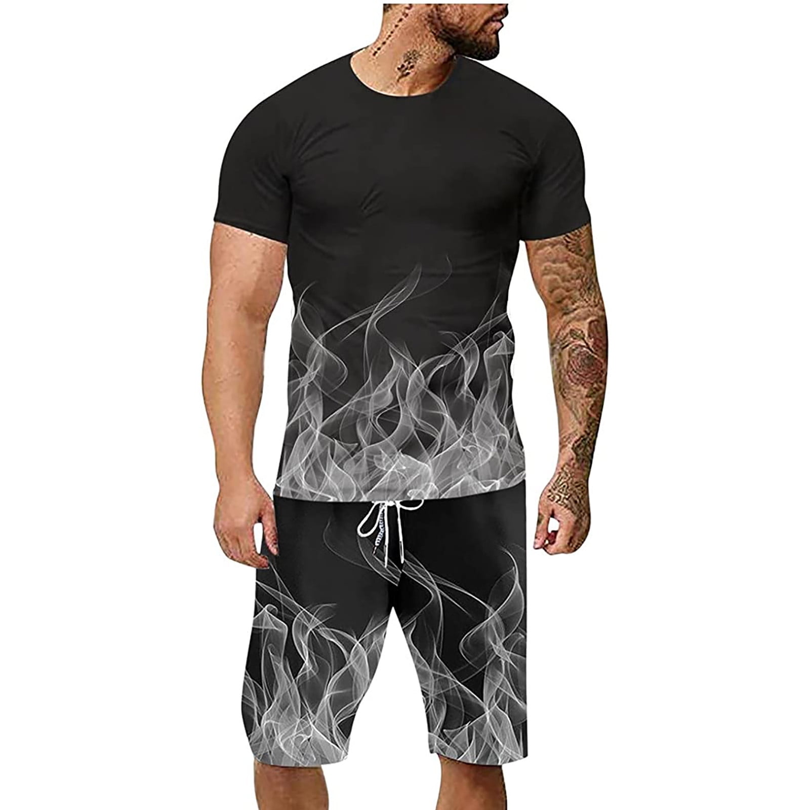 Yanhoo Mens 3d Digital Print Tracksuit Set Short Sleeve Tops And