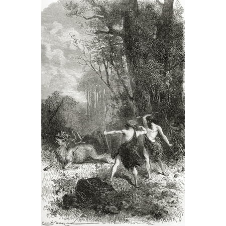 Neanderthal hunters kill a reindeer during prehistoric times. From L ...