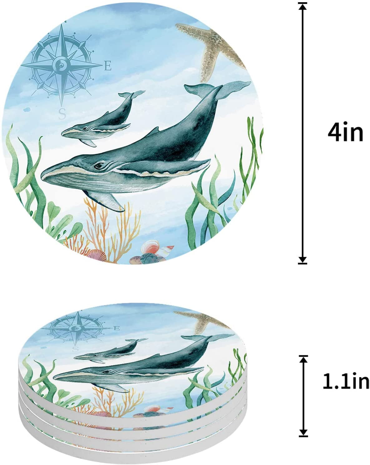 FMSHPON Nautical Theme Whale and Life Set of 4 Round Coaster for Drinks ...