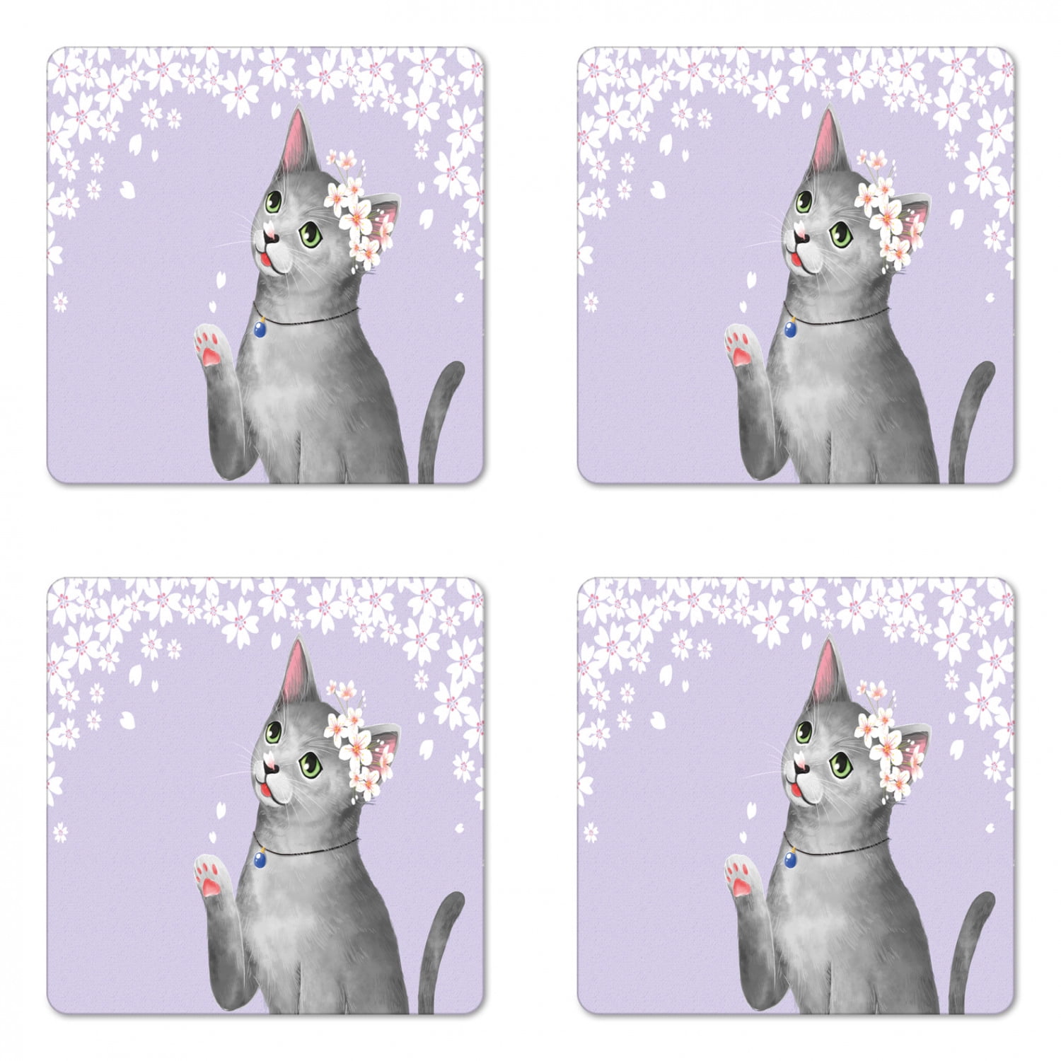 Cat Coaster Set of 4, Digitally Generated Cherry Blossoms and a Paw ...