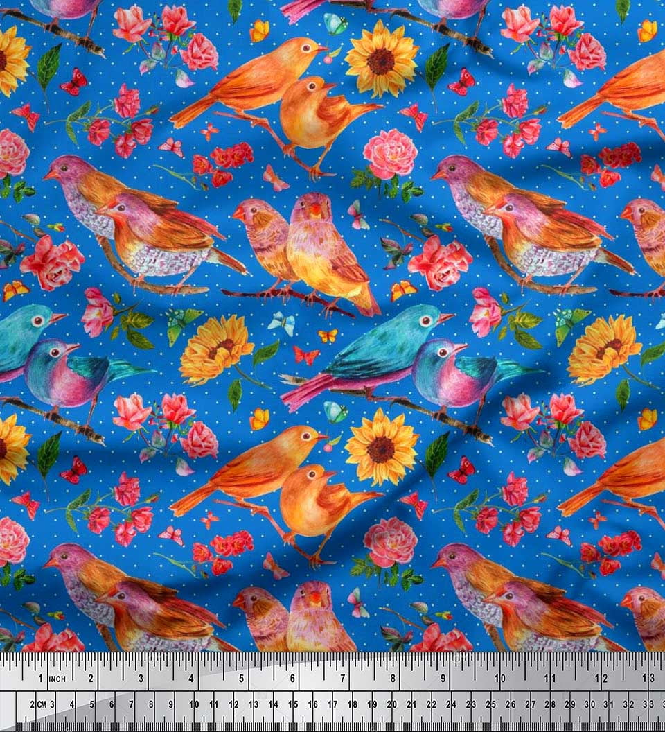 Soimoi Blue Crepe Silk Fabric Dot,Sunflower & American Robin Bird Print ...