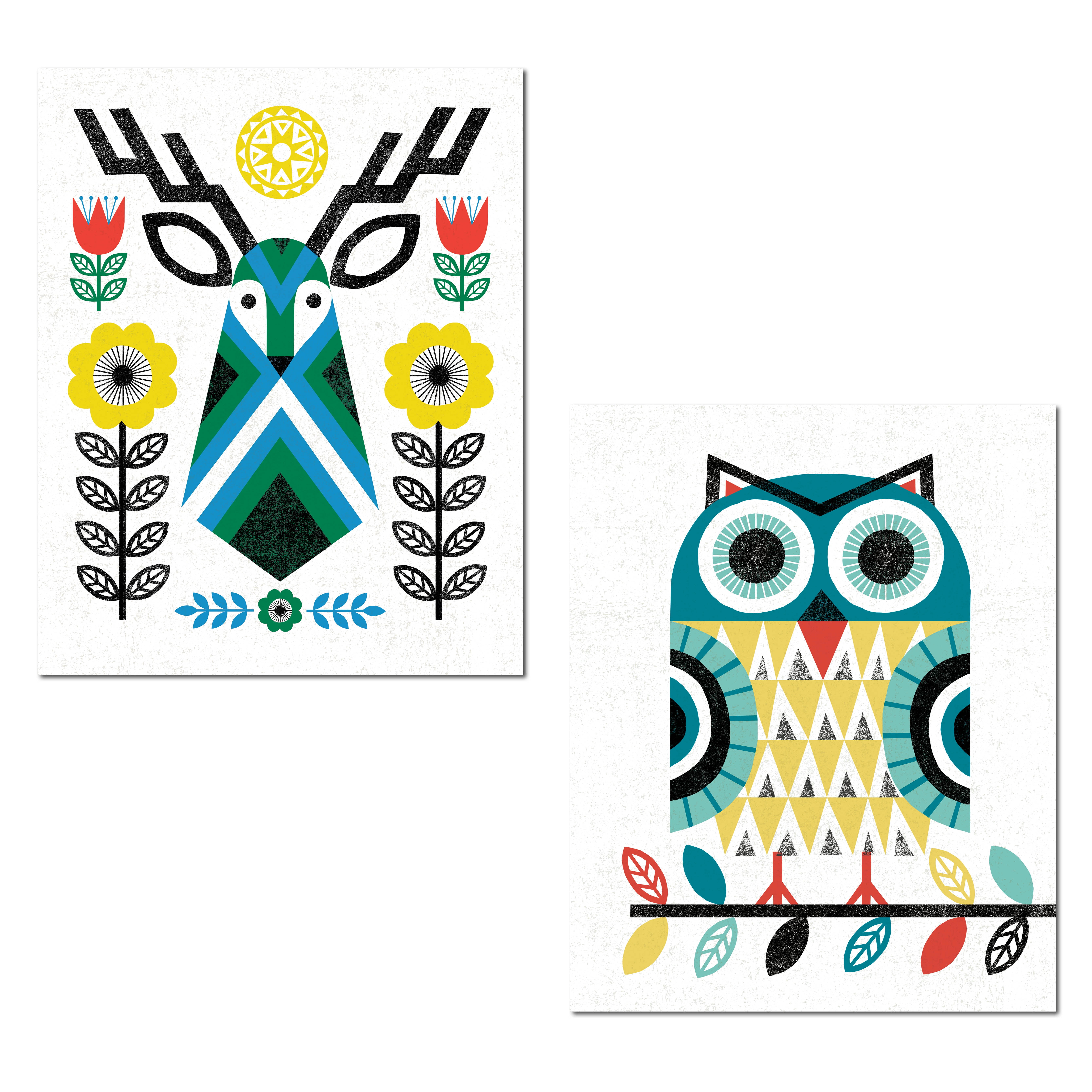 Popular Teal, Green and Blue Owl and Deer Folk Lodge Set by Michael ...