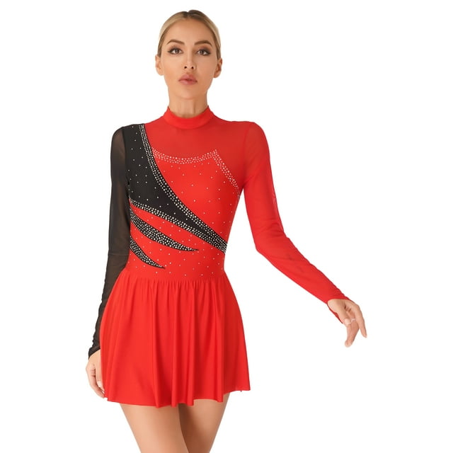Iefiel Womens Rhinestones Figure Skating Dress Sheer Mesh Ballet