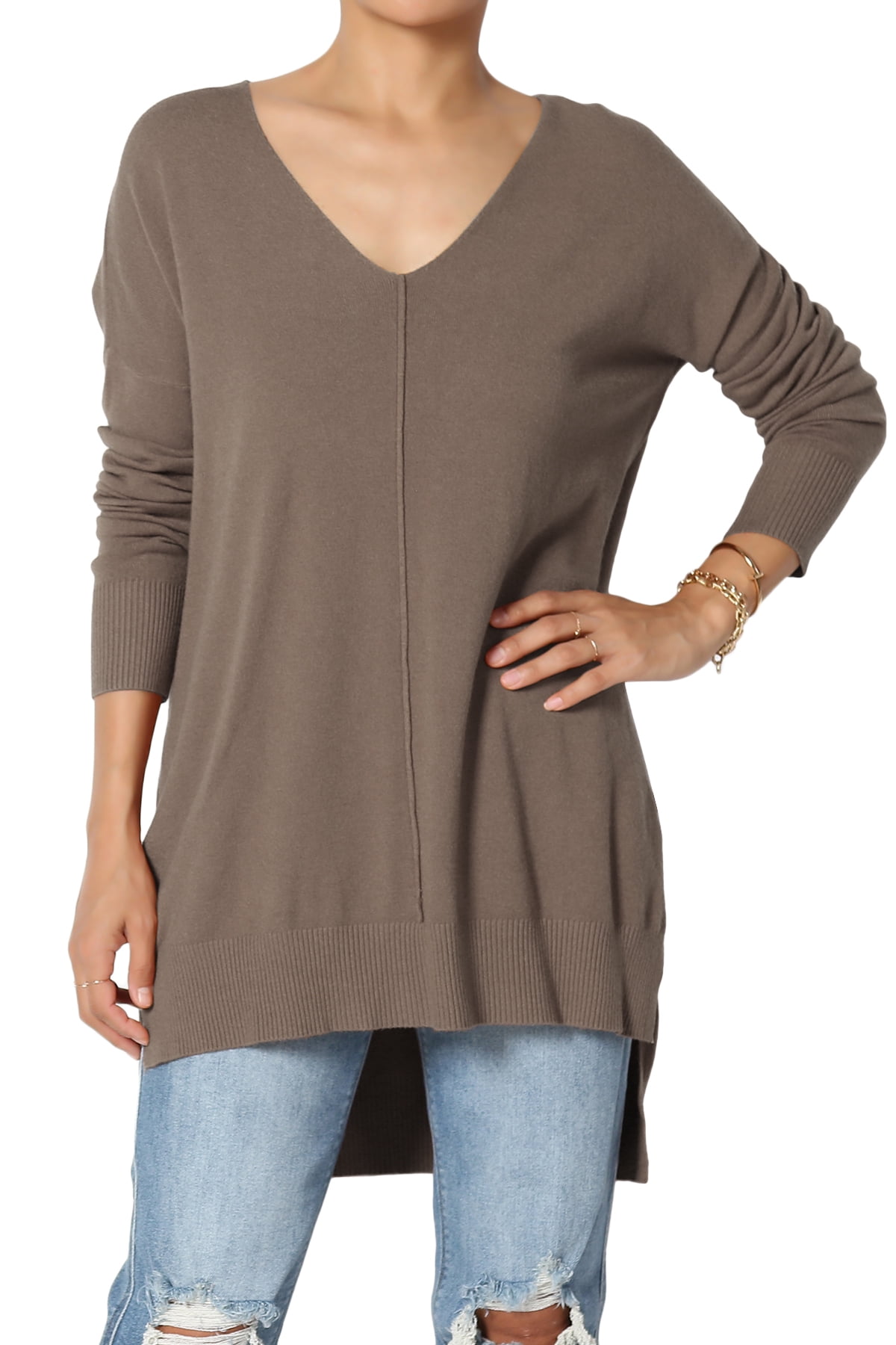 TheMogan Women's PLUS Seam Front V Neck Garment Dye Soft Knit Hi Low ...