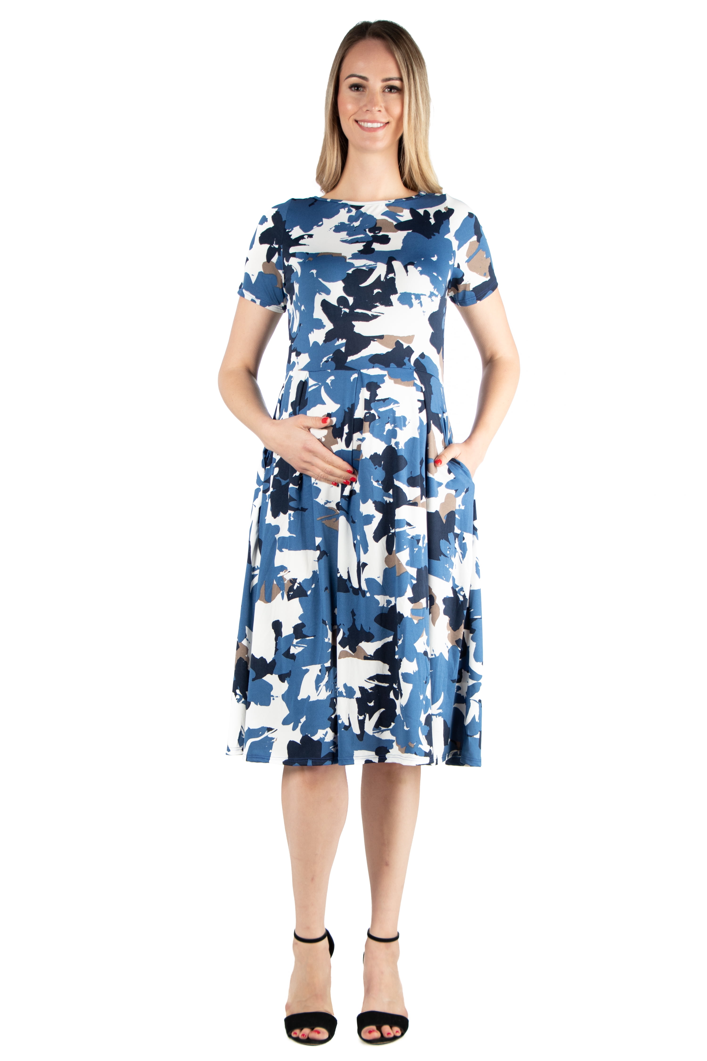 24seven Comfort Apparel Blue Print Short Sleeve Midi Skater Dress With ...