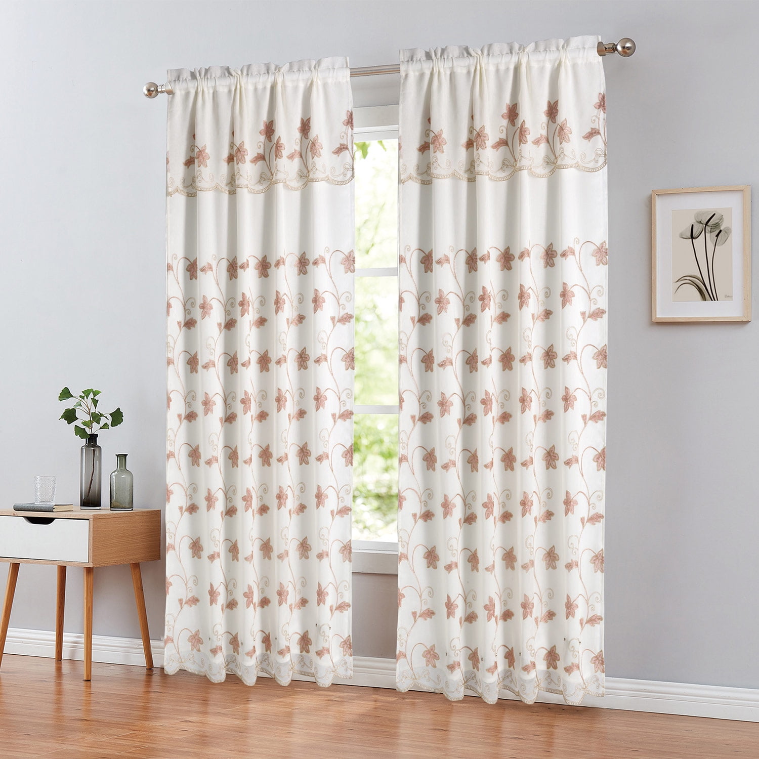 Cheryl Floral Embroidered Window Panel with Attached Valance and ...