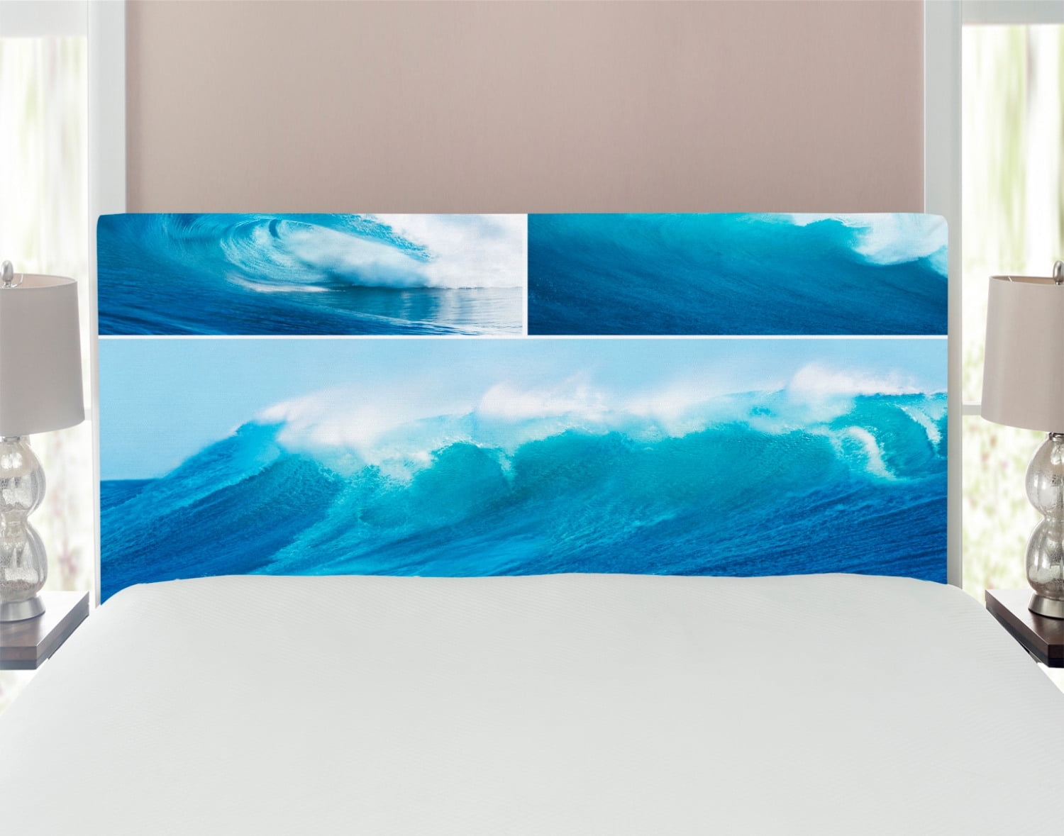 Surf Headboard, Collage of Giant Sea Wave Photos Refreshing Diving and ...