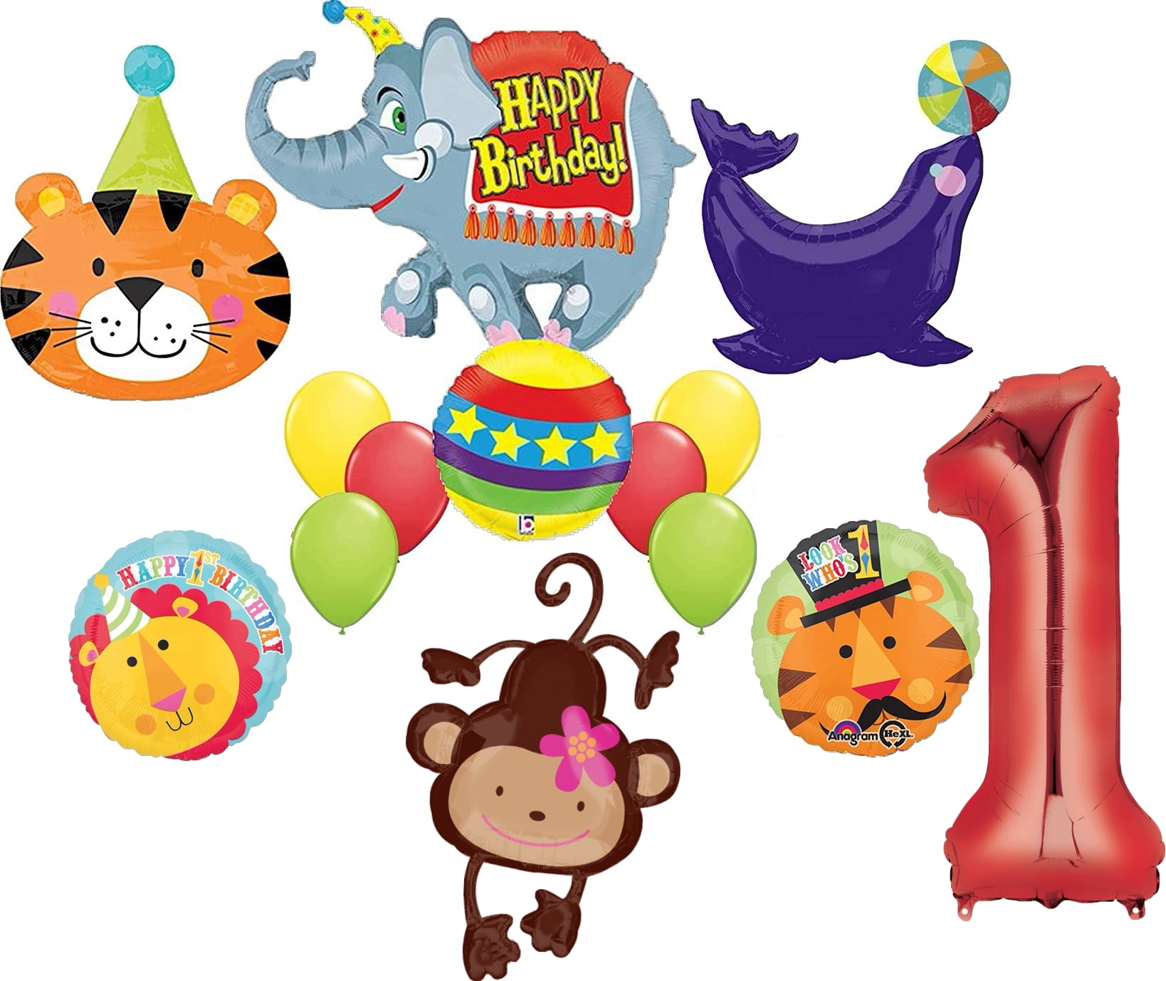 Circus Theme 1st Birthday Party Supplies 13pc Animal Balloon Bouquet ...
