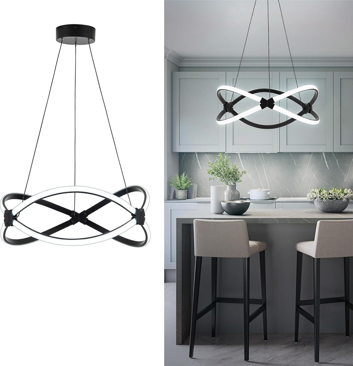 Modern LED Chandelier, Black Pendant Light, Adjustable Height ...