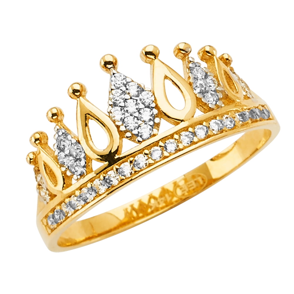 Solid 14k Yellow Gold Crown Cubic Zirconia CZ Fashion Anniversary Ring ...