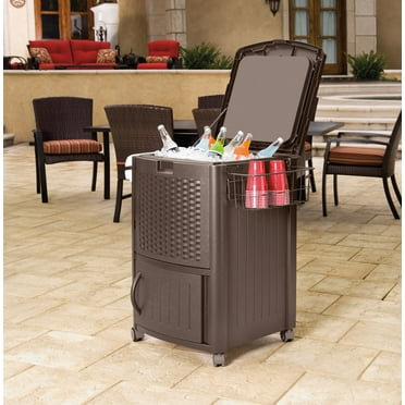 Suncast 77 Qt Resin Wicker Patio Cooler w/ Cabinet & Wire Basket, Java ...