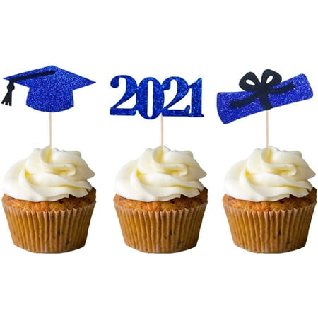 2021 Graduation Cupcake Toppers Blue Graduation Cake Glitter ...