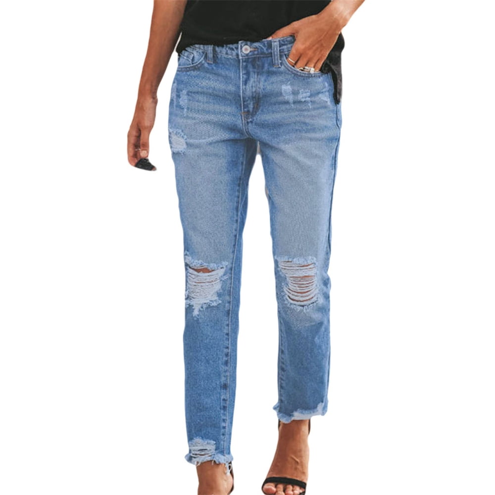 Chouyatou Women's Distressed Ripped Denim Capris, Cropped Waist Jeans ...