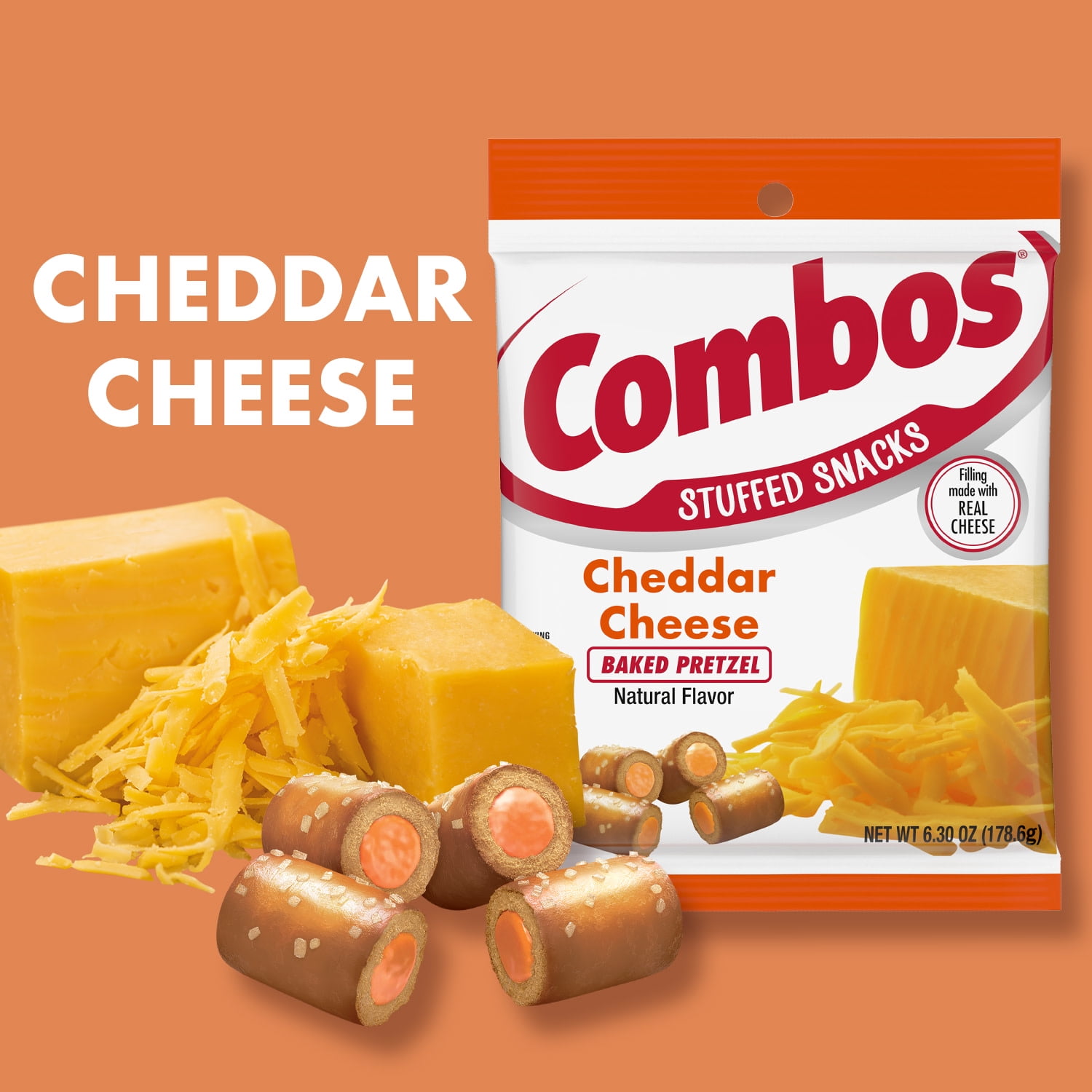 Combos Stuffed Snacks Cheddar Cheese Baked Pretzel Snacks – 6.3 oz Bag