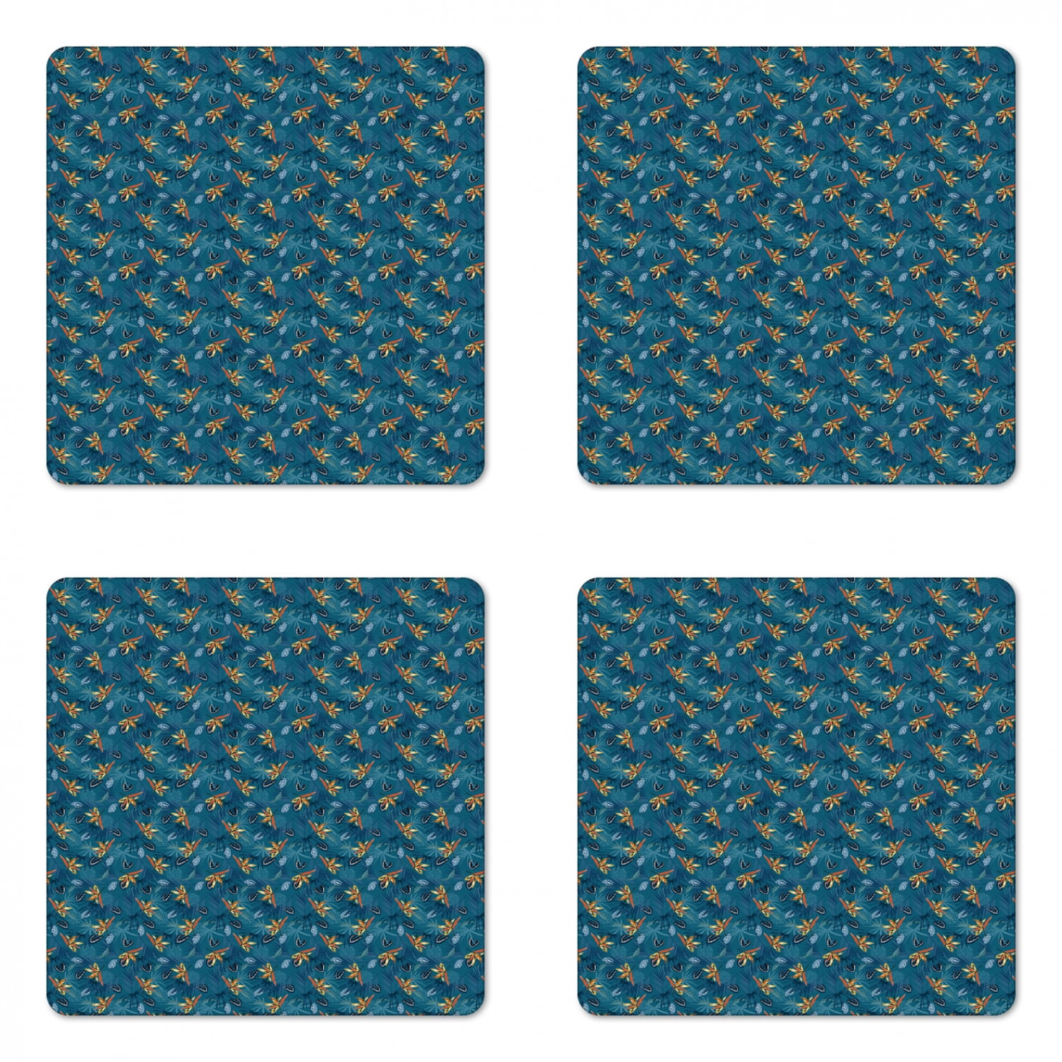 Tropical Coaster Set of 4, Exotic Rainforest Flower Leafage Plants ...