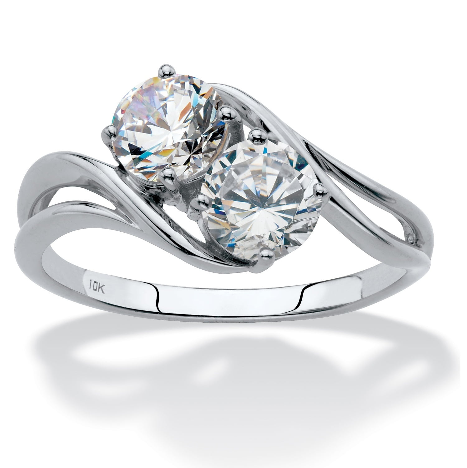 Round Cubic Zirconia 2-Stone Bypass Ring 1.40 TCW in Solid 10k White ...