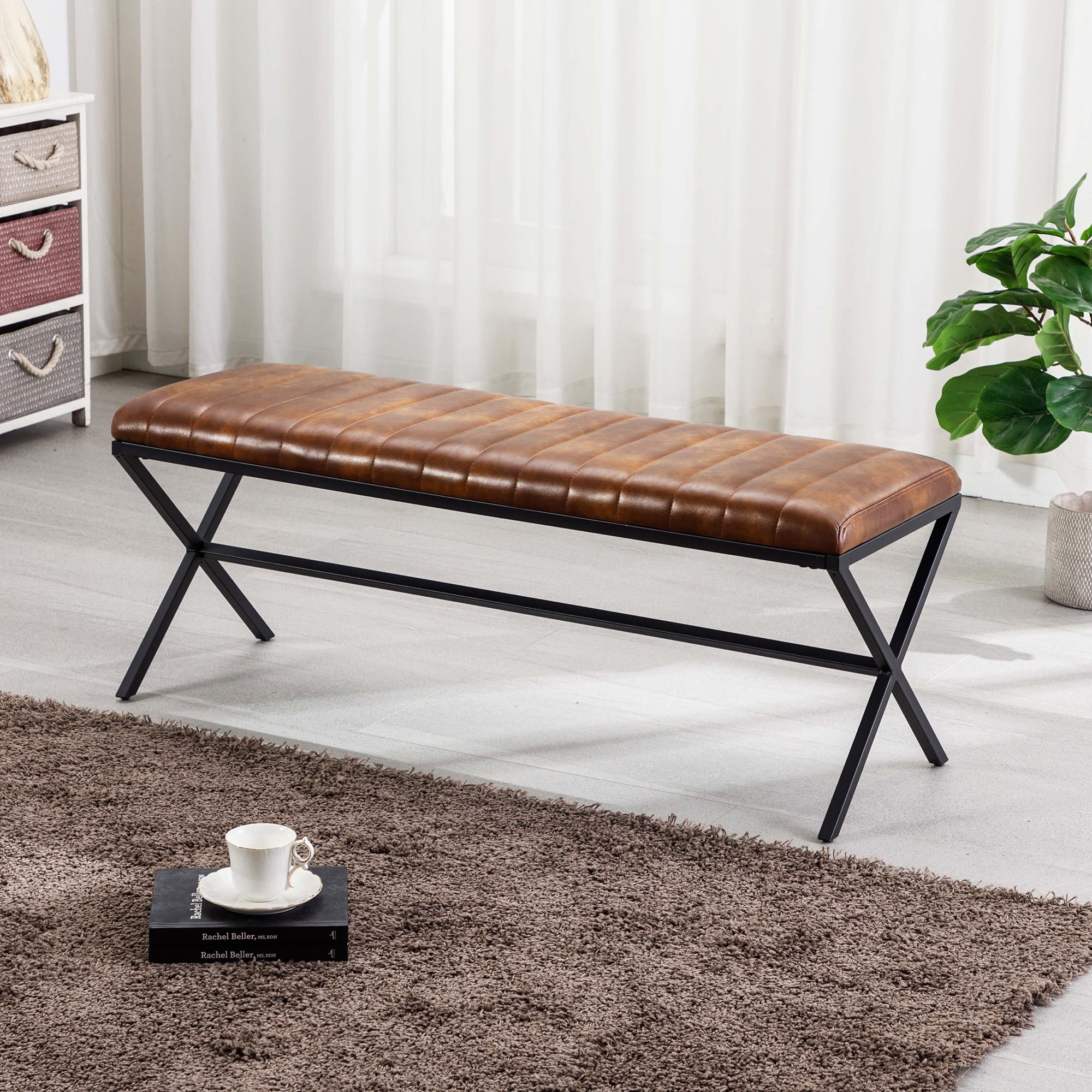 Duhome Dining Bench With Metal Base Modern Faux Leather Bench