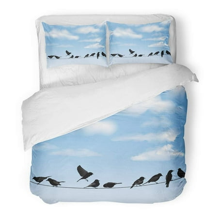 POGLIP 3 Piece Bedding Set Silhouette of Birds On Wires Over Blue Sky ...