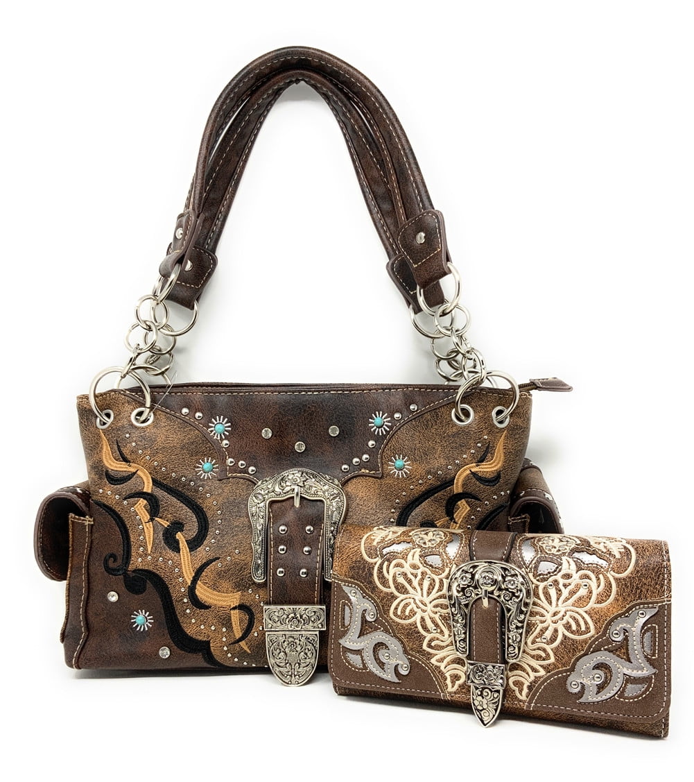 Western Women's Tooled Leather/Laser Cut Purse Buckle Handbag and ...