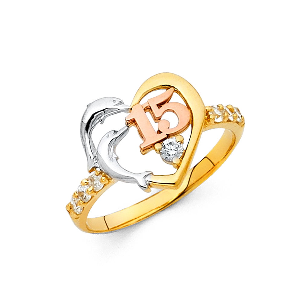Dolphin Quinceanera 15 Ring Solid 14k Yellow White Rose Gold Heart Band ...