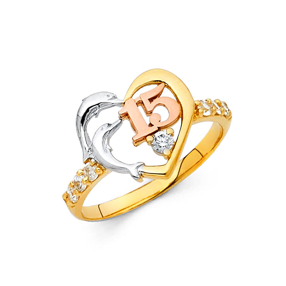 GemApex - Dolphin Quinceanera 15 Ring Solid 14k Yellow White Rose Gold ...