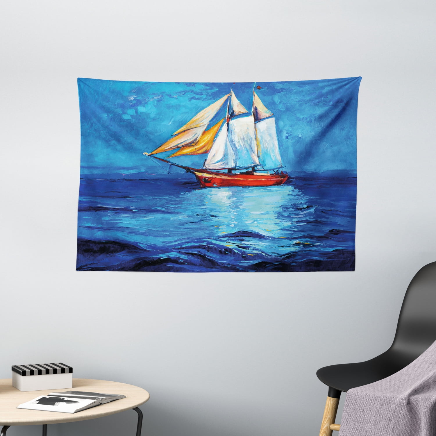Nautical Tapestry, Oil Painting Style Sailing Ship on Horizon ...